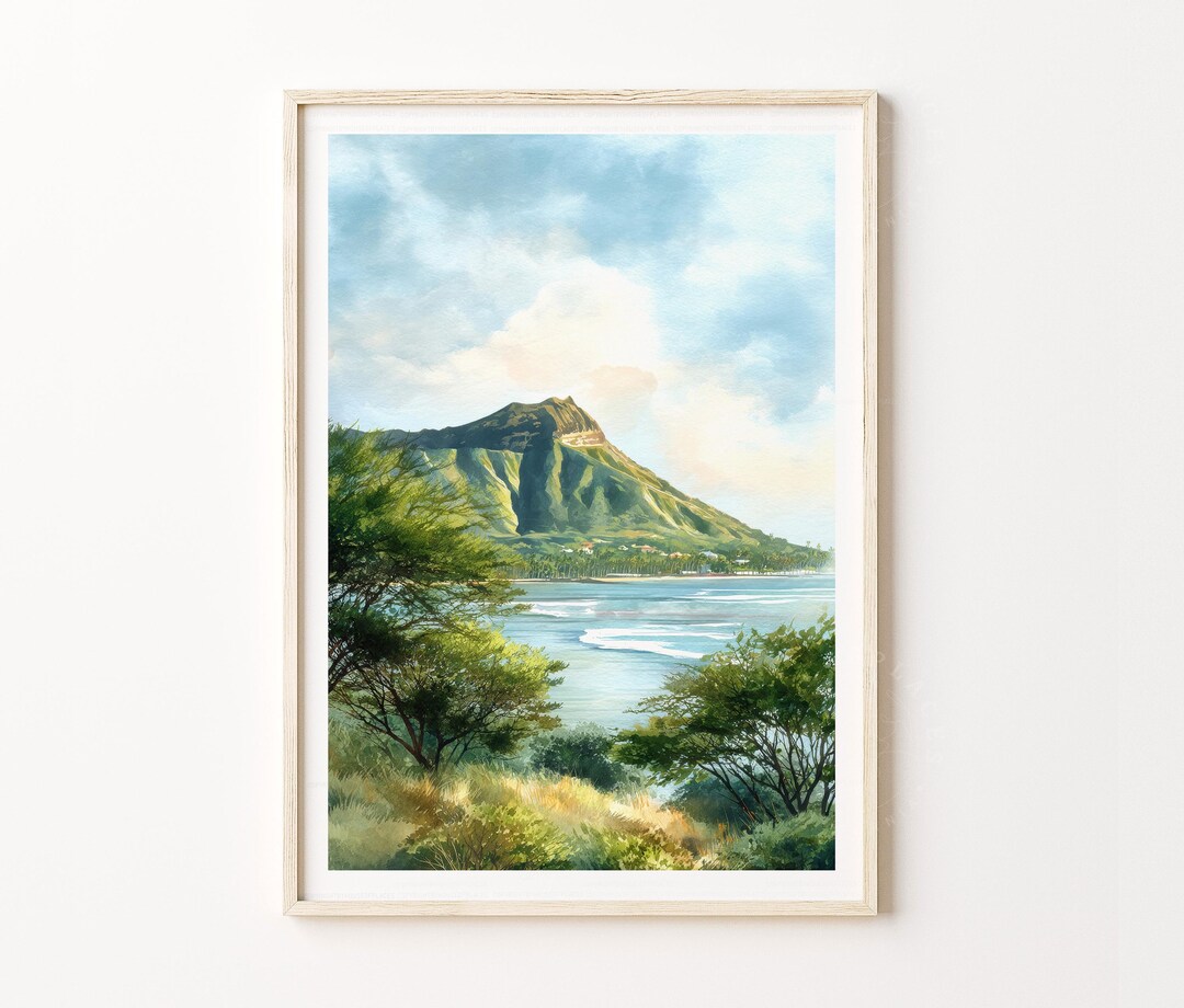 Diamond Head Hawaii Watercolor Travel Poster Print – Tropical Coastal ...