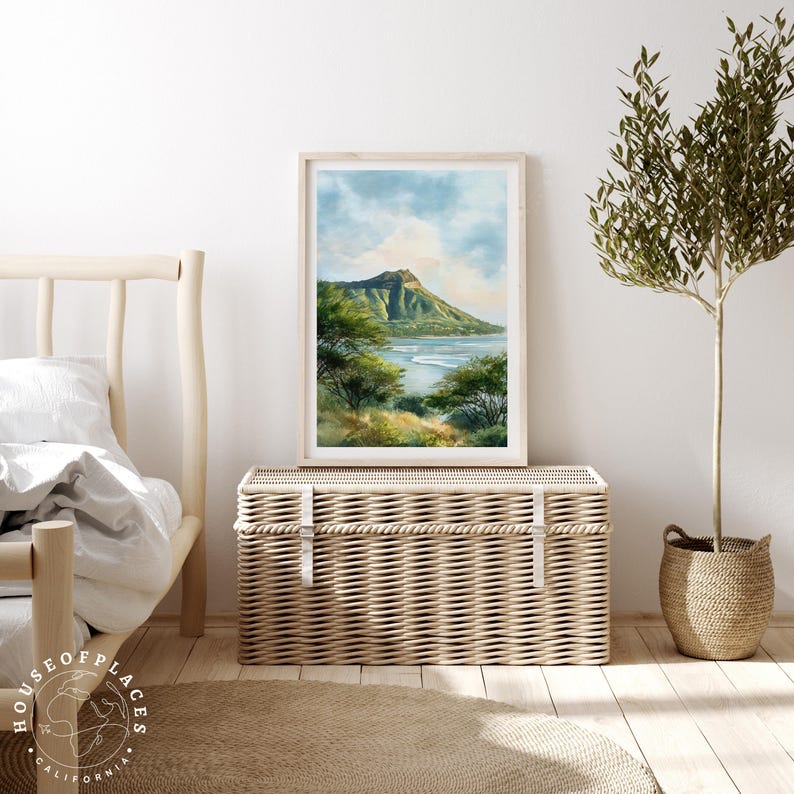 Diamond Head Hawaii Watercolor Travel Poster Print – Tropical Coastal ...