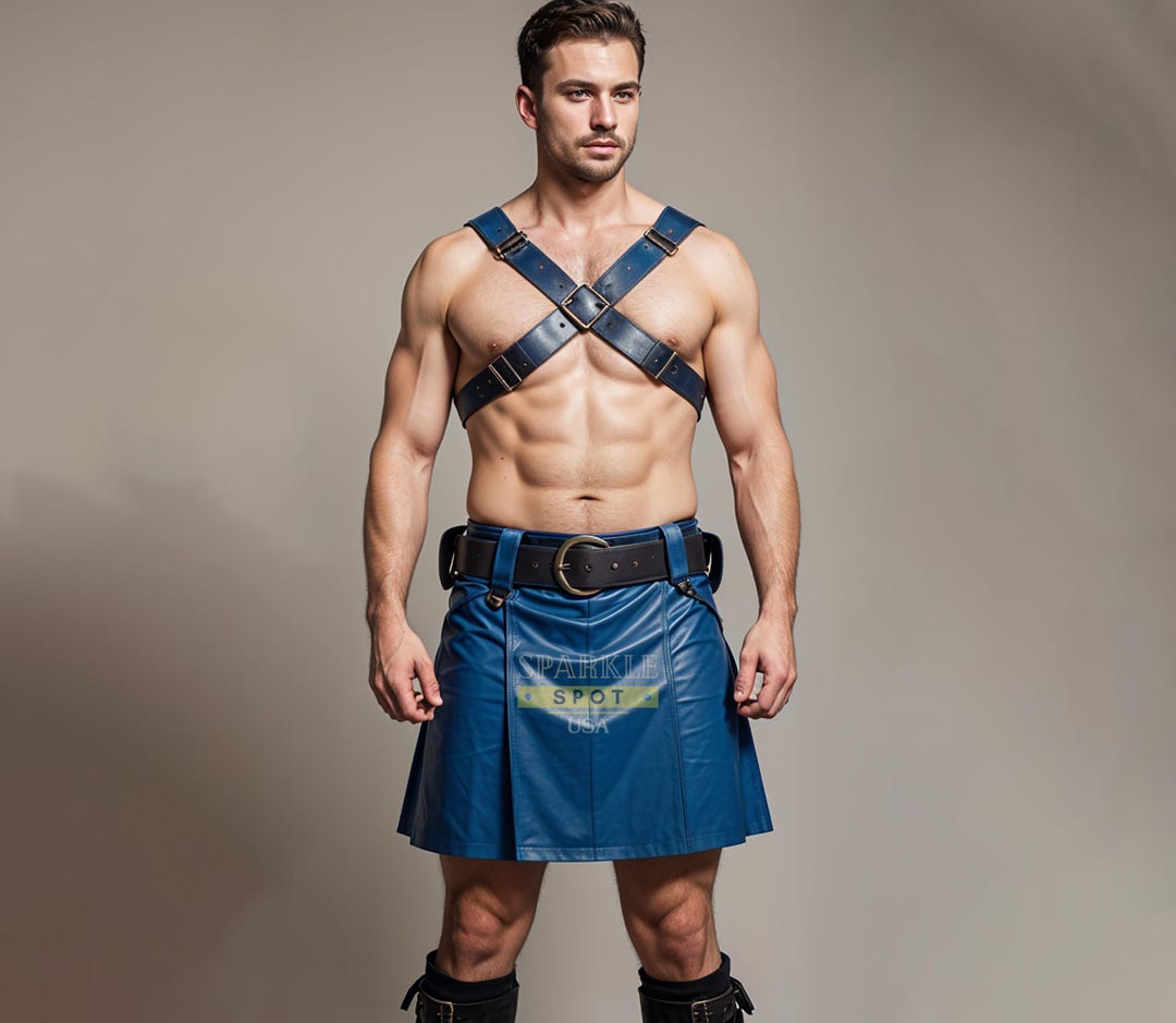 Latest Design Leather Kilt Harness Blue Cosplay Costume Gladiator Kilt ...