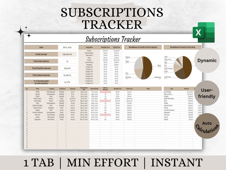 Subscription Tracker Excel Membership Tracker Spreadsheet Bills Tracker Membership Fee ...