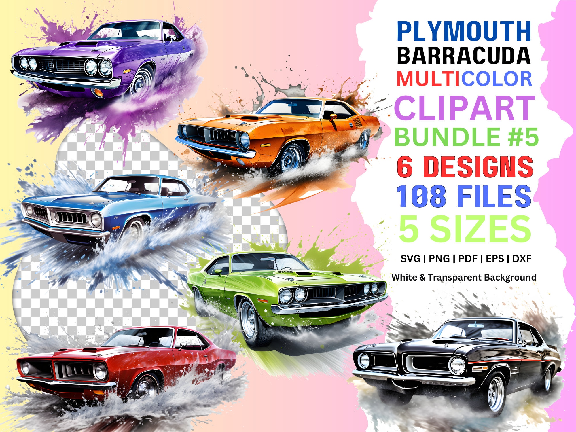Plymouth Barracuda, Plymouth Cuda, Multicolor Clipart Bundle, Vector ...