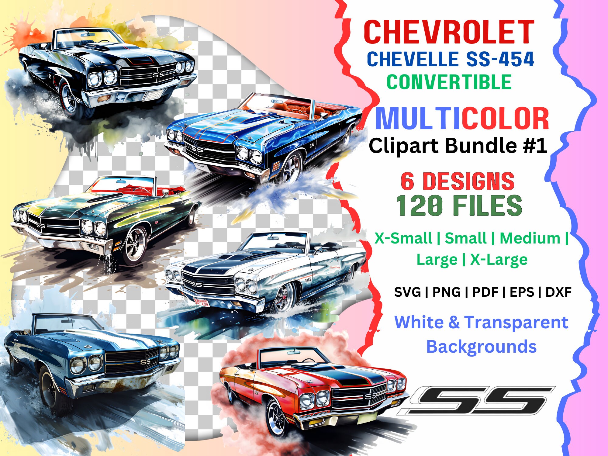 Chevrolet Chevelle SS-454 Convertible, Multi-color, Clipart Bundle ...