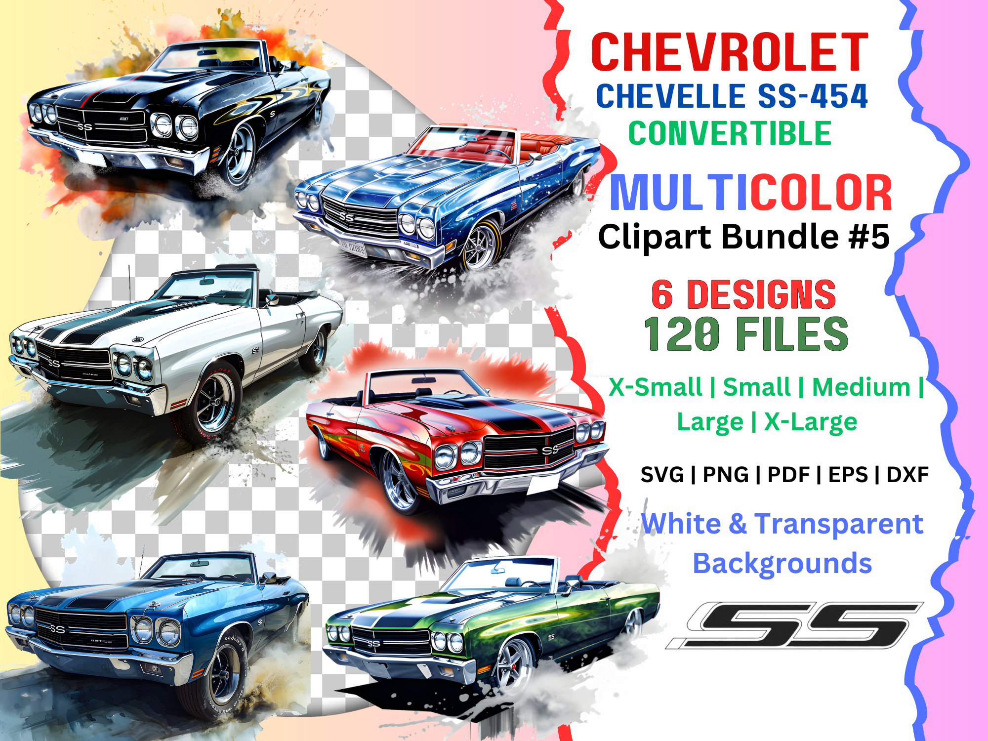 Chevrolet Chevelle SS-454 Convertible, Multi-color, Clipart Bundle ...