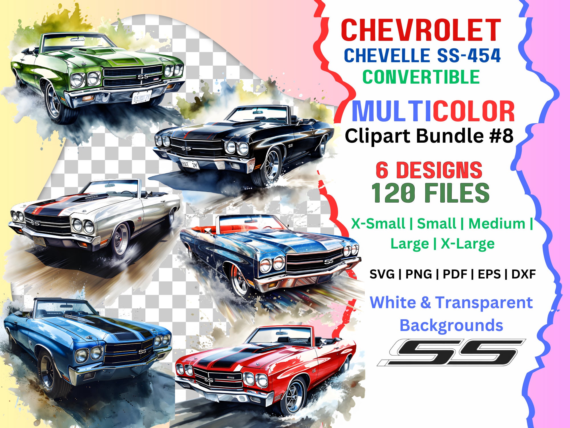Chevrolet Chevelle SS-454 Convertible, Multi-color, Clipart Bundle ...