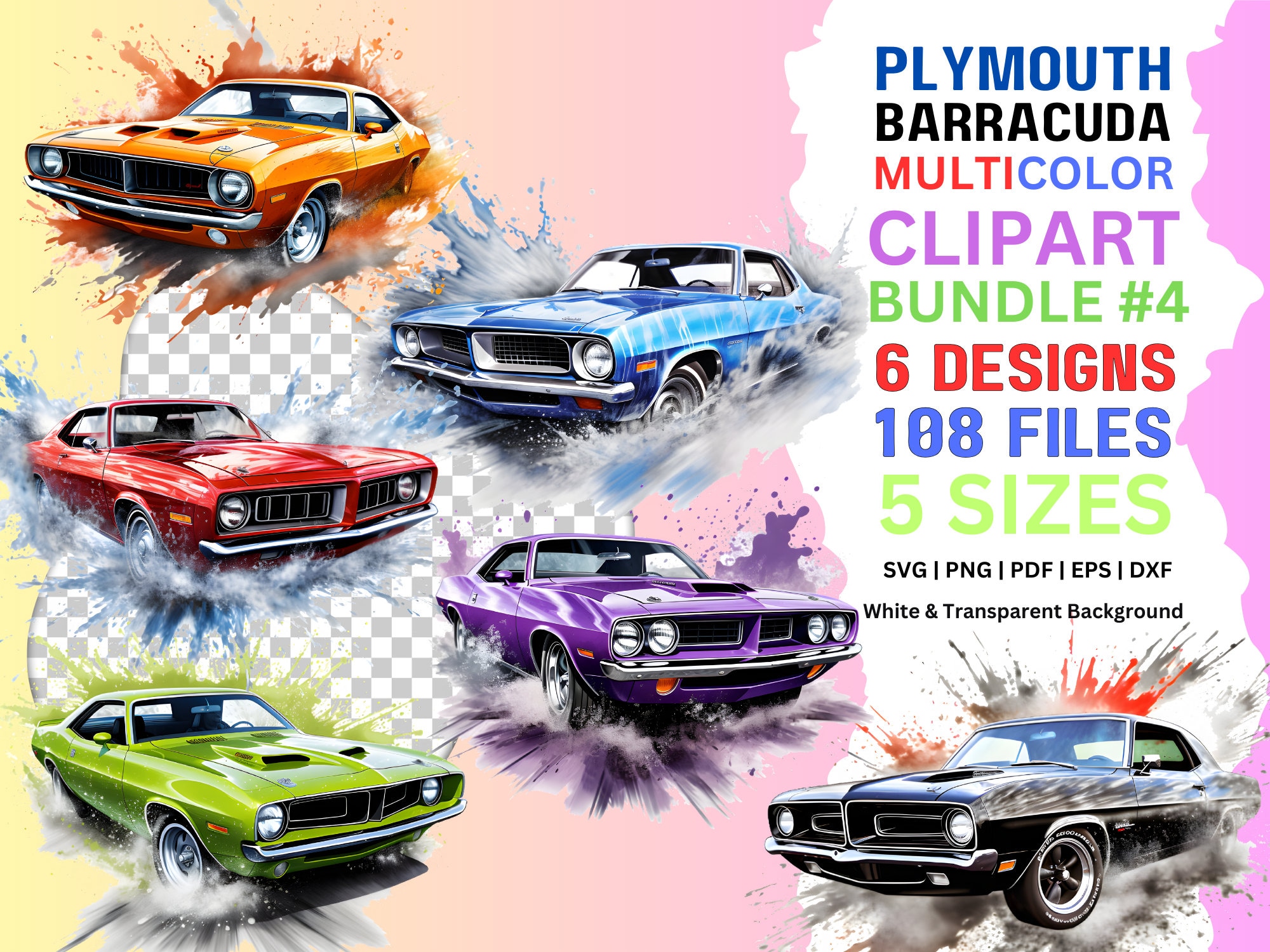 Plymouth Barracuda, Plymouth Cuda, Multicolor Clipart Bundle, Vector ...