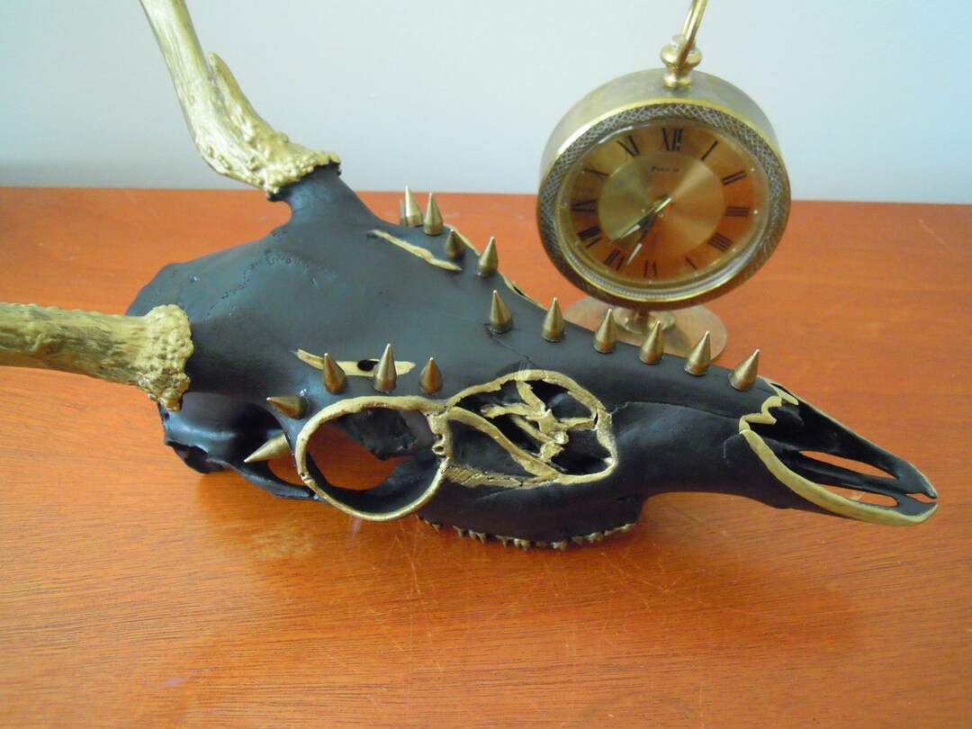 Real Deer Skull Hand Painted Black and Gold With Spikes. - Etsy
