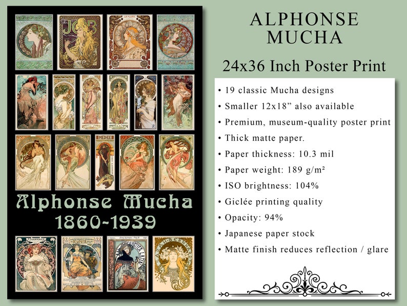 Alphonse Mucha. Huge 24x36 Inch Poster Print With 19 Classic Mucha, Art ...