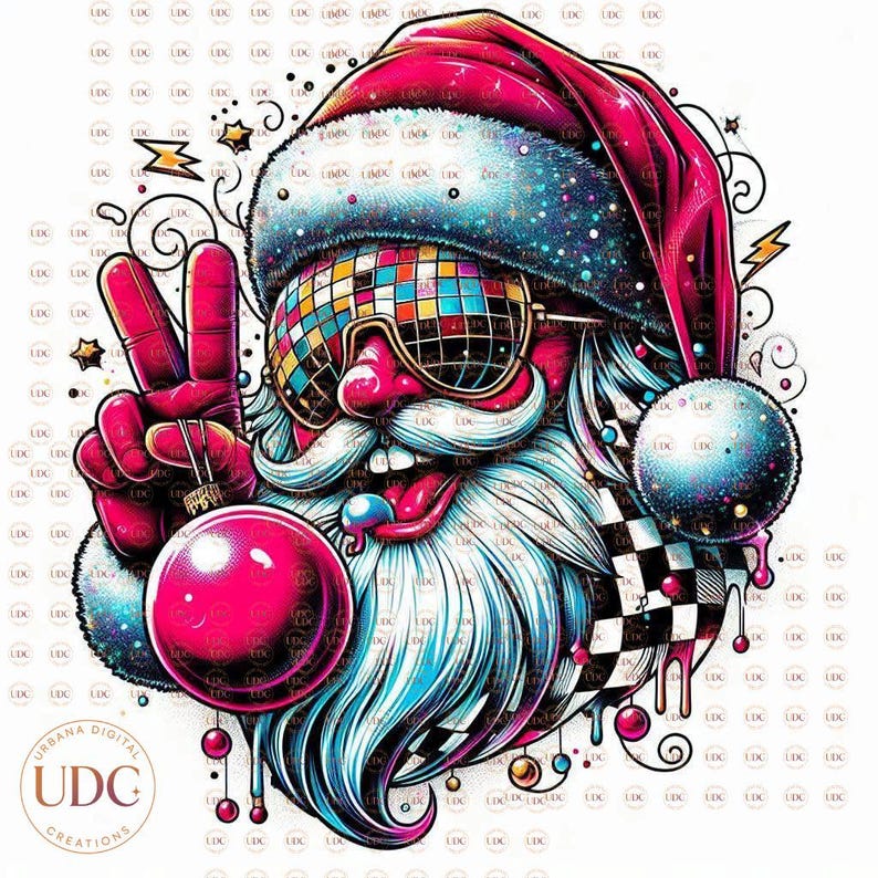 Retro Neon Disco Santa PNG Bundle – Pop Art Christmas Graphics (digital ...