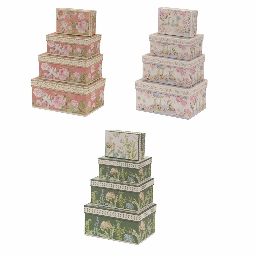 Set of Four Small Cardboard Storage Boxes Available in Green Floral ...