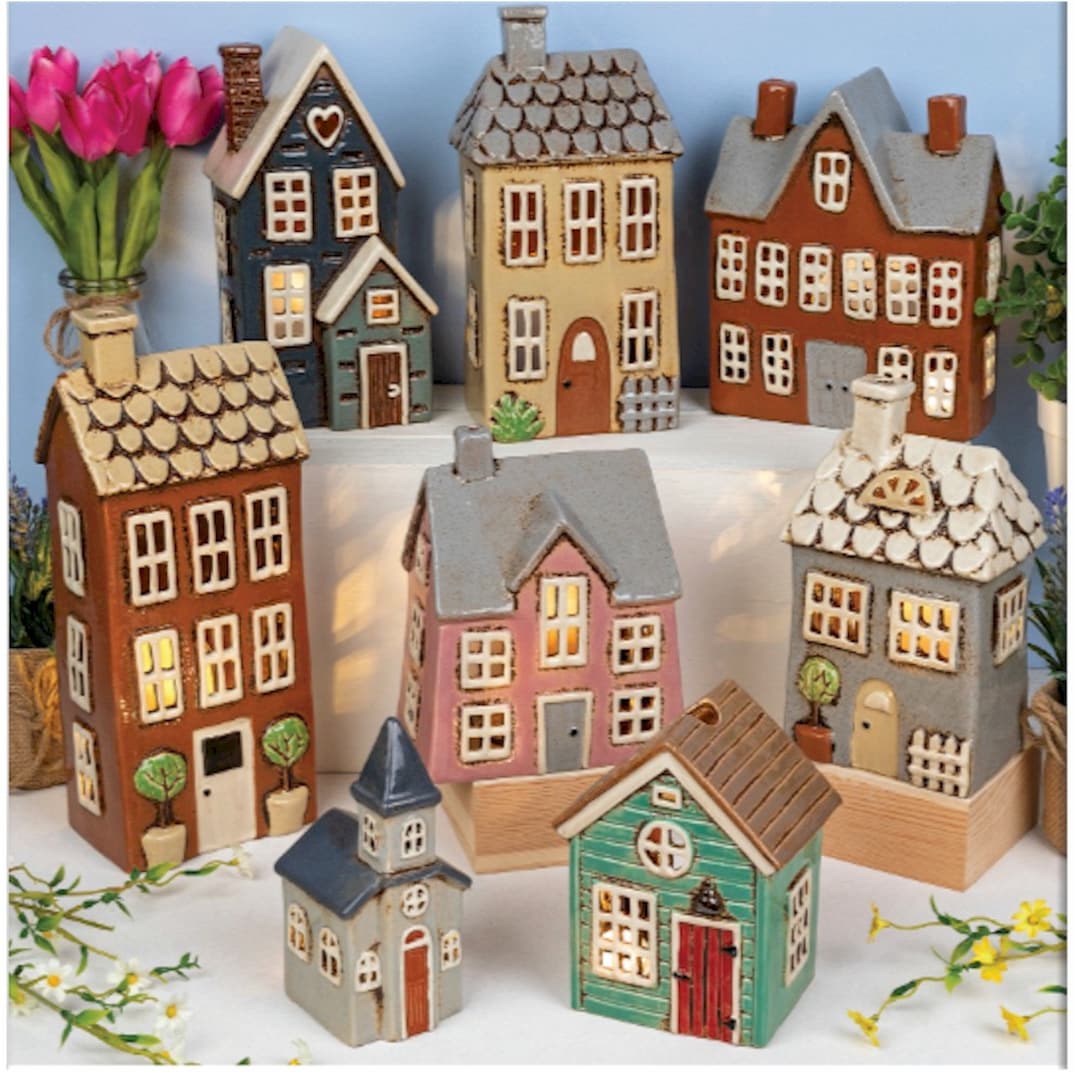 Village Pottery Hand Crafted Garden House Tealight Candle Holders Small ...