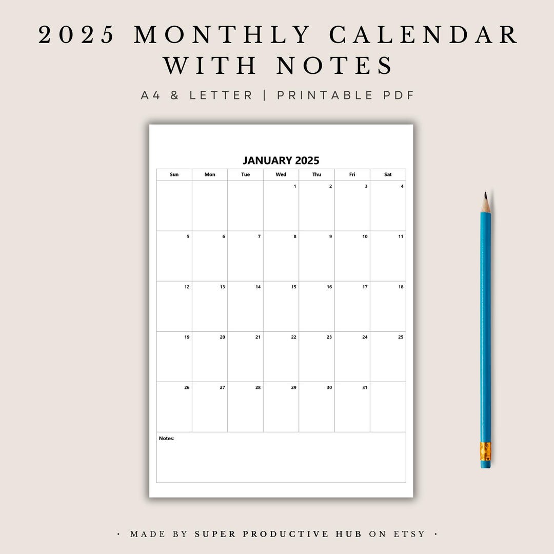 2025 Vertical Monthly Calendar With Notes | Minimalist Printable ...