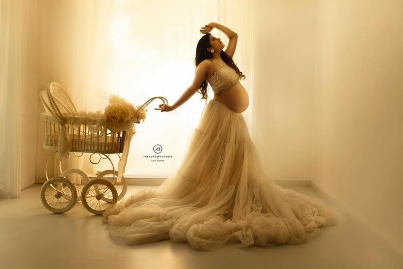 Ash White Shade Maternity Gown (embroidered Blouse & Net Skirt Combo ...