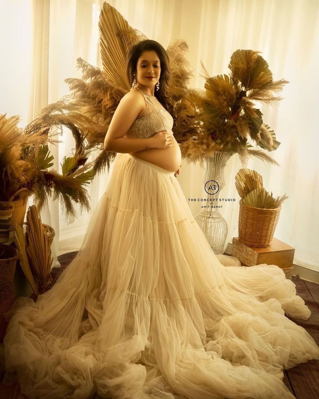 Ash White Shade Maternity Gown (embroidered Blouse & Net Skirt Combo ...