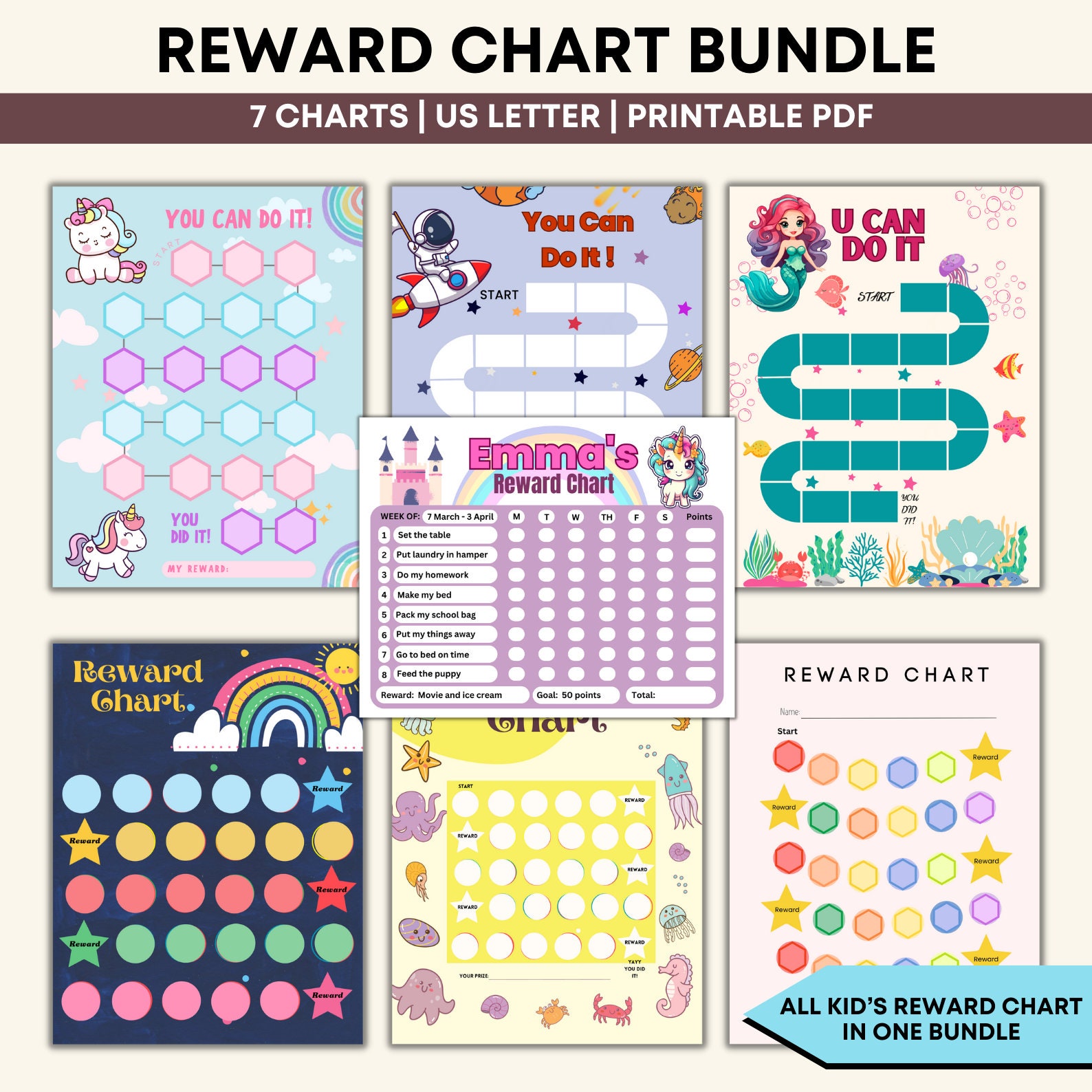 Editable Reward Chart Bundle, Toddler Reward Chart, Printable Unicorn ...