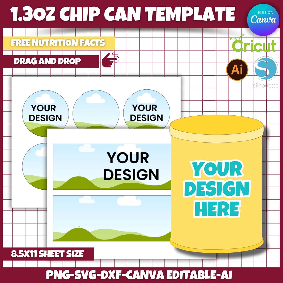 Chip Can Label Template: 1.3oz Party Favor, Canva Editable (SVG, PNG ...