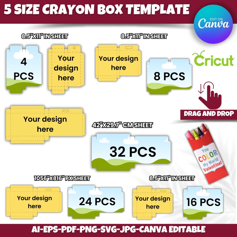 Crayon Box Template Bundle: 5 Sizes, Party Favor SVG, Canva Editable - Etsy