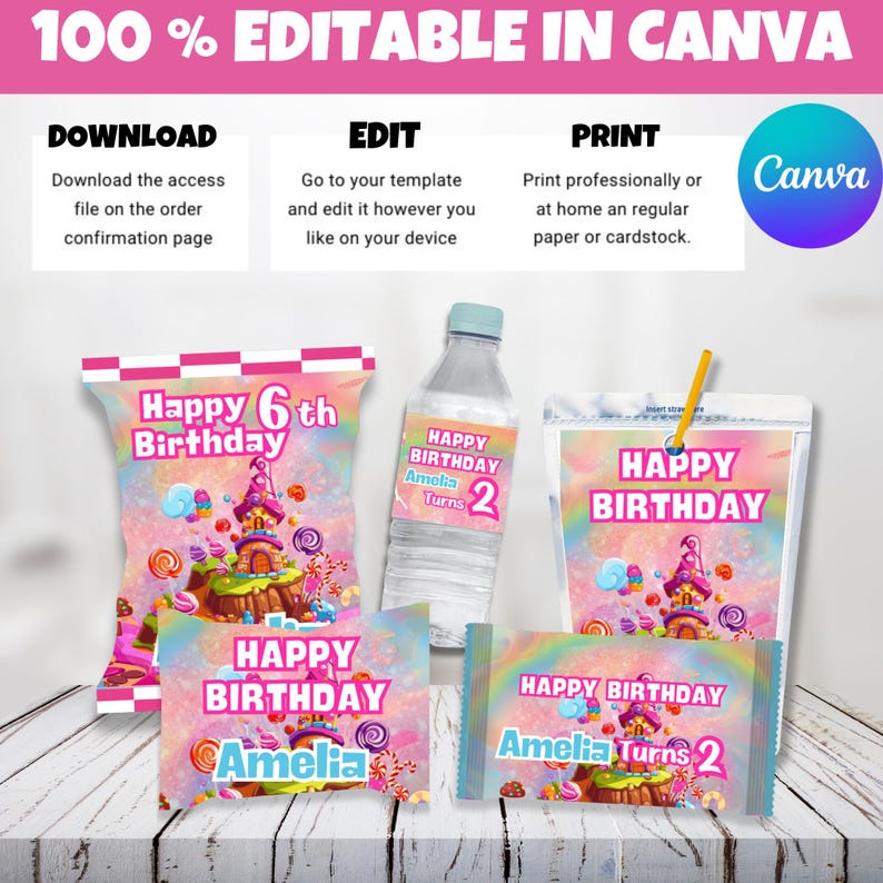 Candy Land Birthday Party Bundle: Editable Canva Templates (PDF ...