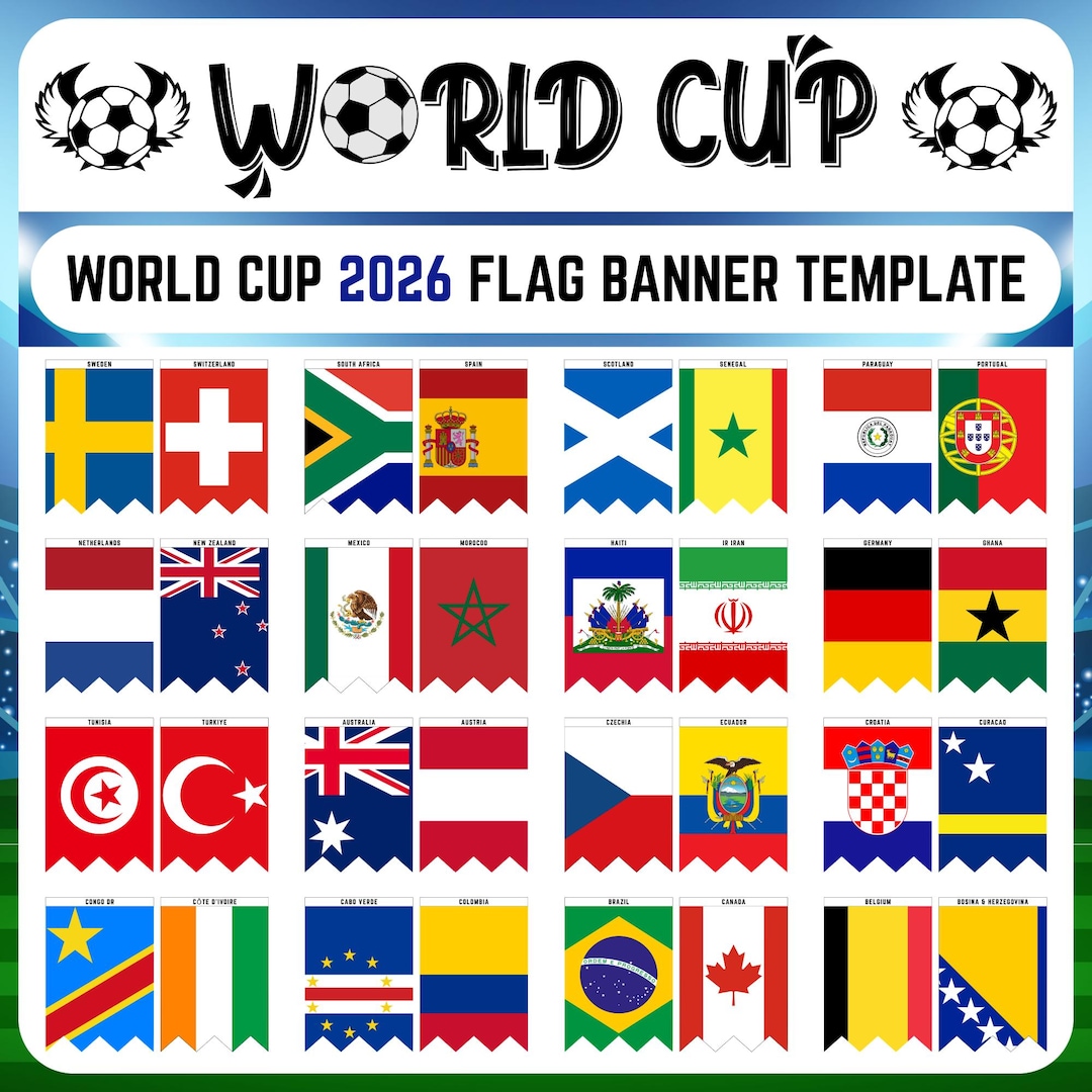 Druckbare WM 2026 Flagge mit allen Qualifizierten Ländern, WM Fußball ...