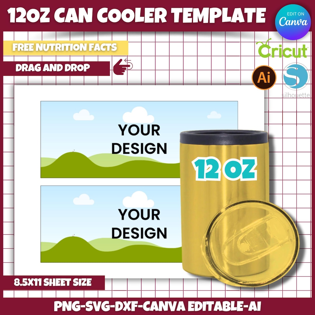 Editable 12oz Can Cooler Template: Sublimation Design (SVG, PNG, PDF ...
