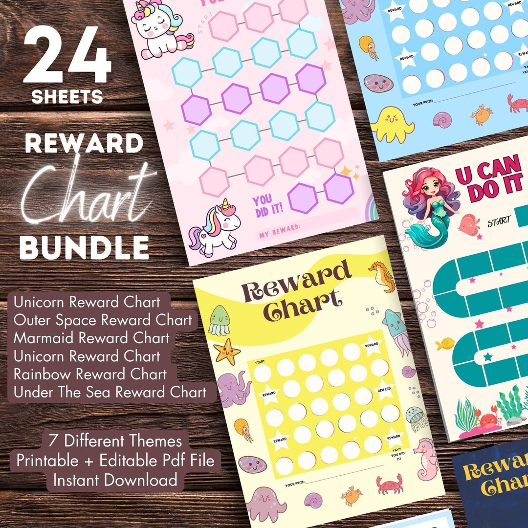 Kids Reward Chart Bundle: Unicorn, Mermaid, Space Themes (digital ...