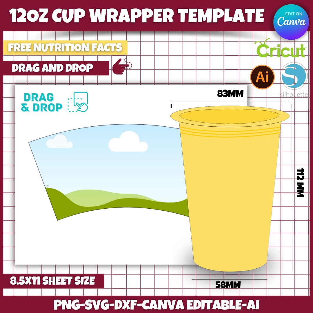 Cup Wrapper Template, 12oz Cup Wrapper Template, Paper Cup Template ...