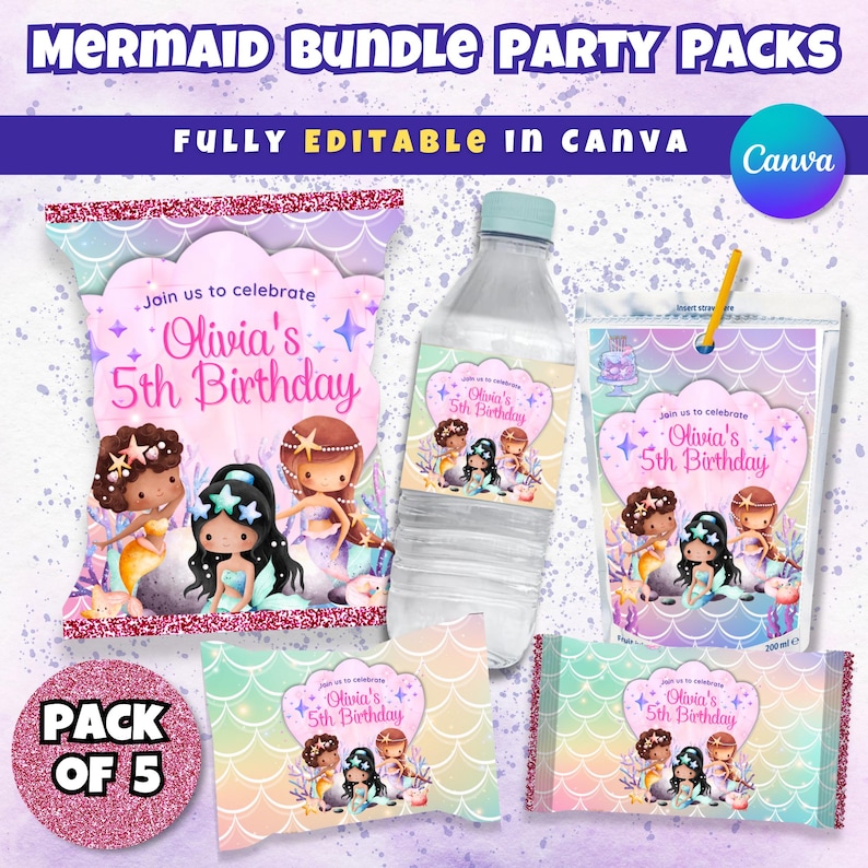 Editable Mermaid Birthday Party Pack: Canva Template (digital Download ...