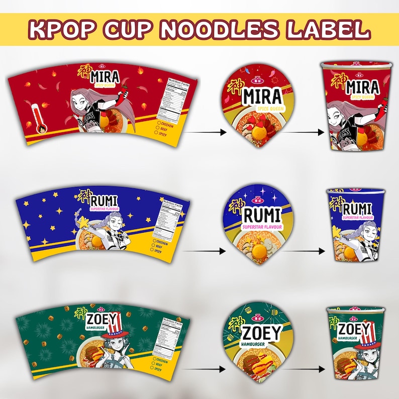 Kpop Demon Hunters, Cup Noodle Labels Ramyeon, Cosplay Party Huntrix ...