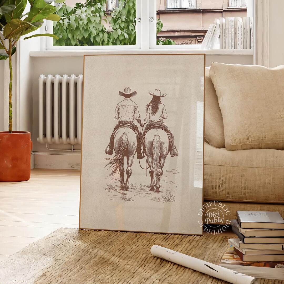 Cowboy Couple Horseback Wall Art Western Riding Partners Line Drawing ...