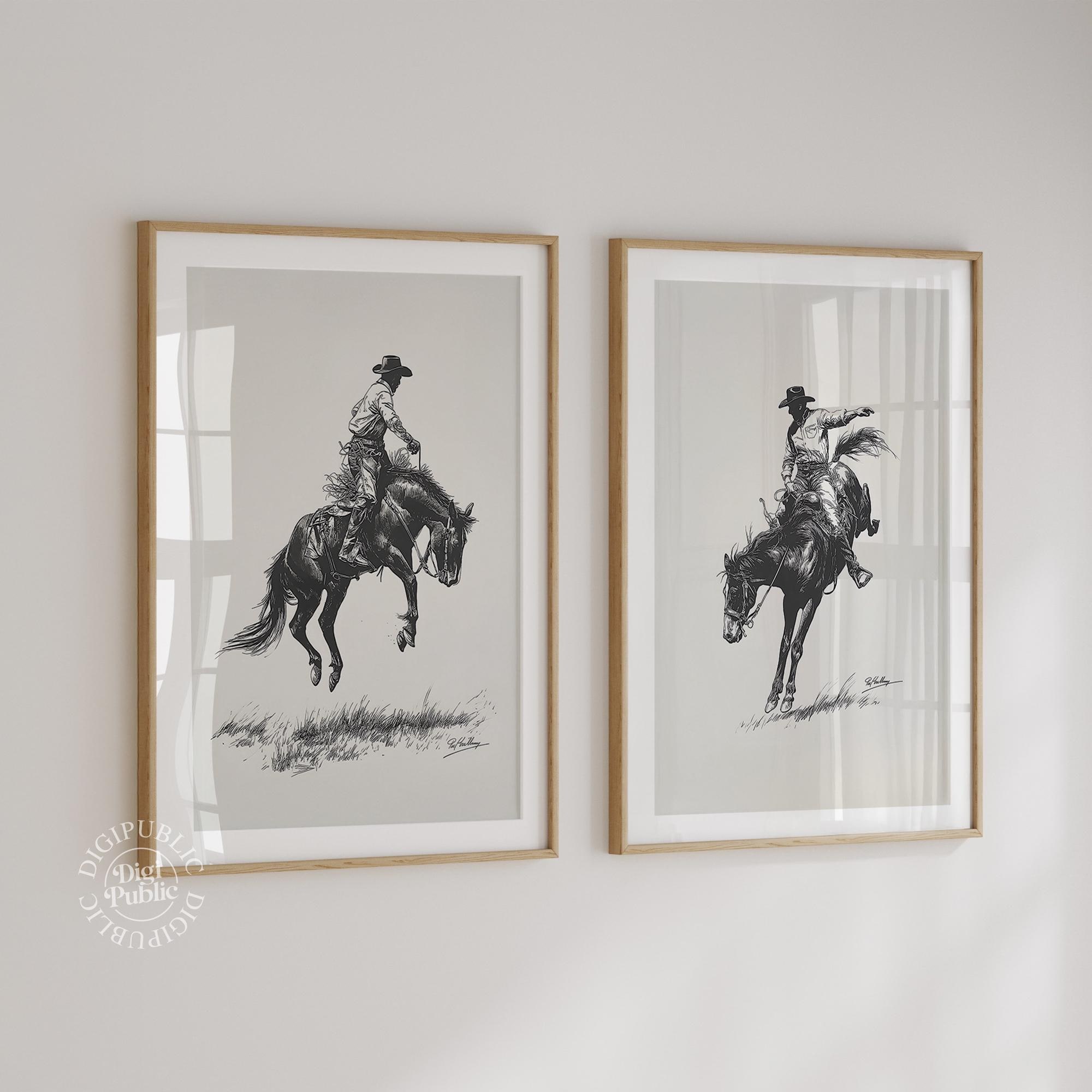 Western Cowboy Sketch Set | Vintage Wall Art, Mid Century Decor, Cowboy ...