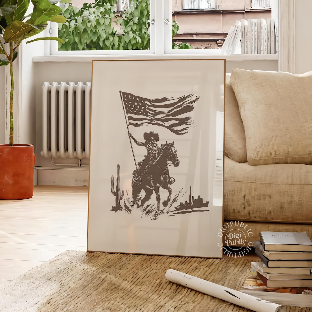 Patriotic Cowboy USA Flag Print: Minimalist Western Art (digital ...