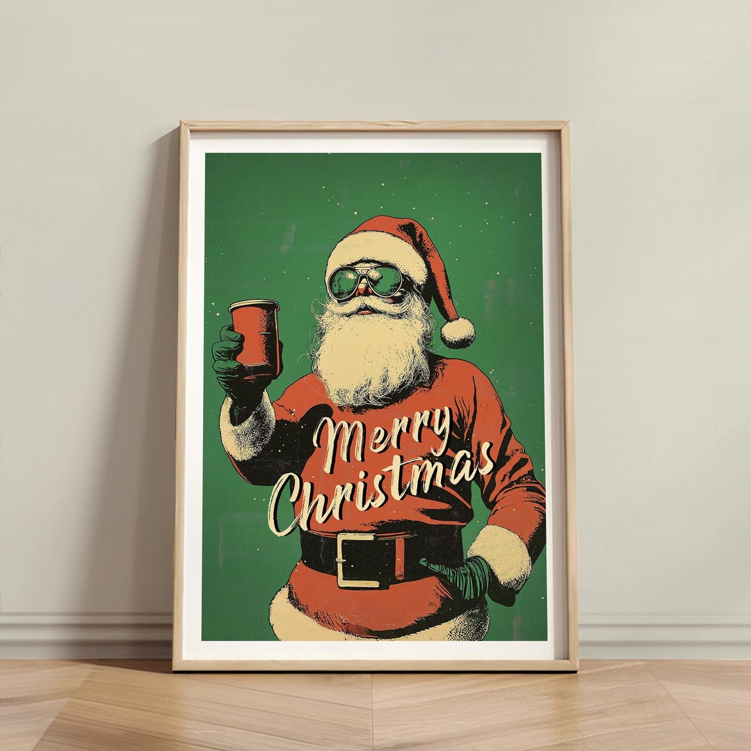 Vintage Merry Christmas Wall Art, Santa Raising a Glass in Cheer, Retro ...