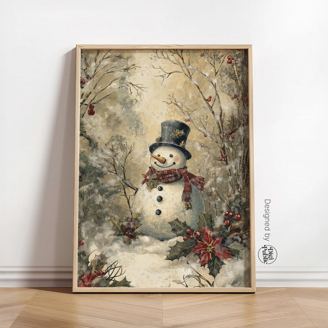 Vintage Snowman Wall Art With Top Hat and Scarf, Classic Winter Scene ...