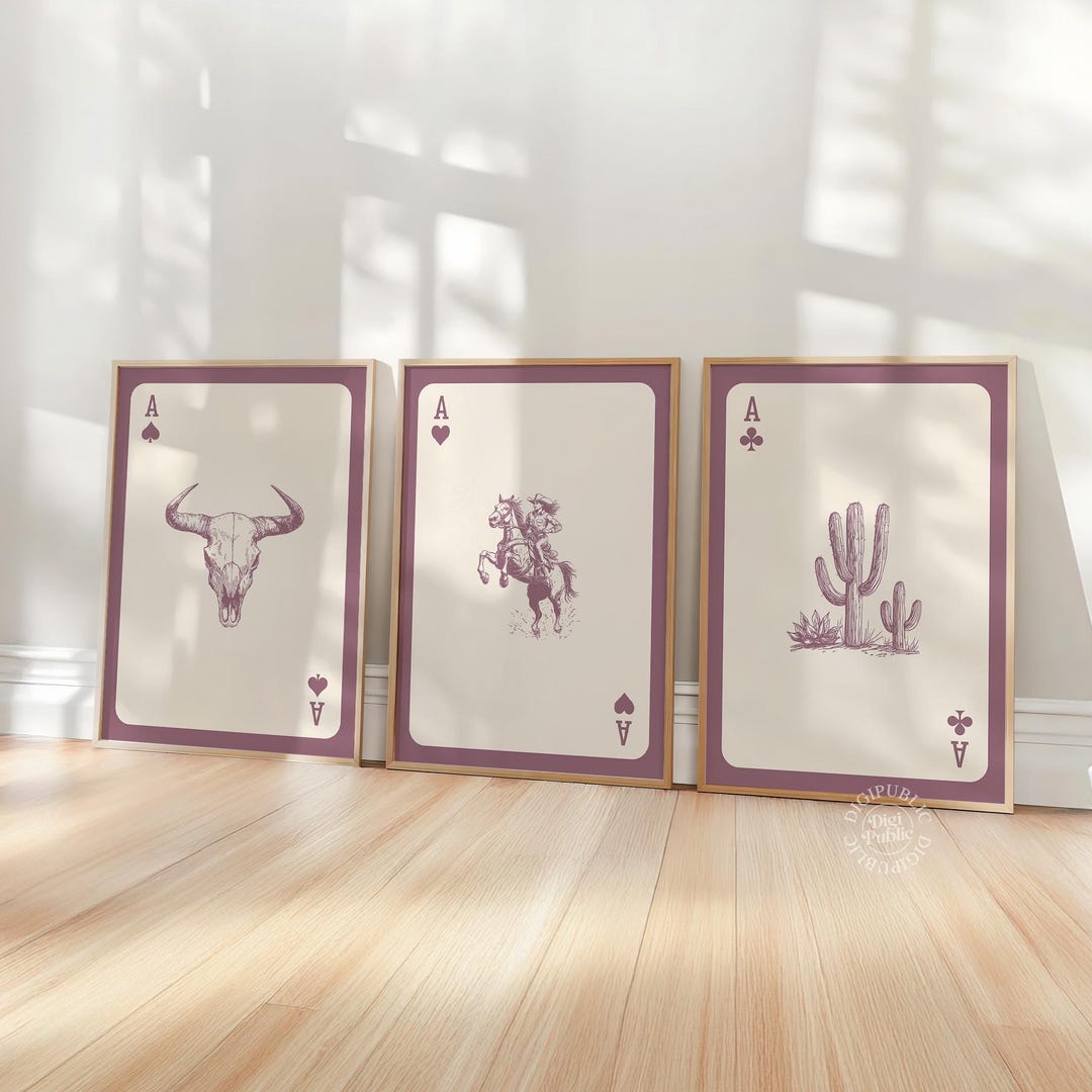 Vintage Western Playing Card Wall Art Set Cowboy Bull Skull Cactus ...