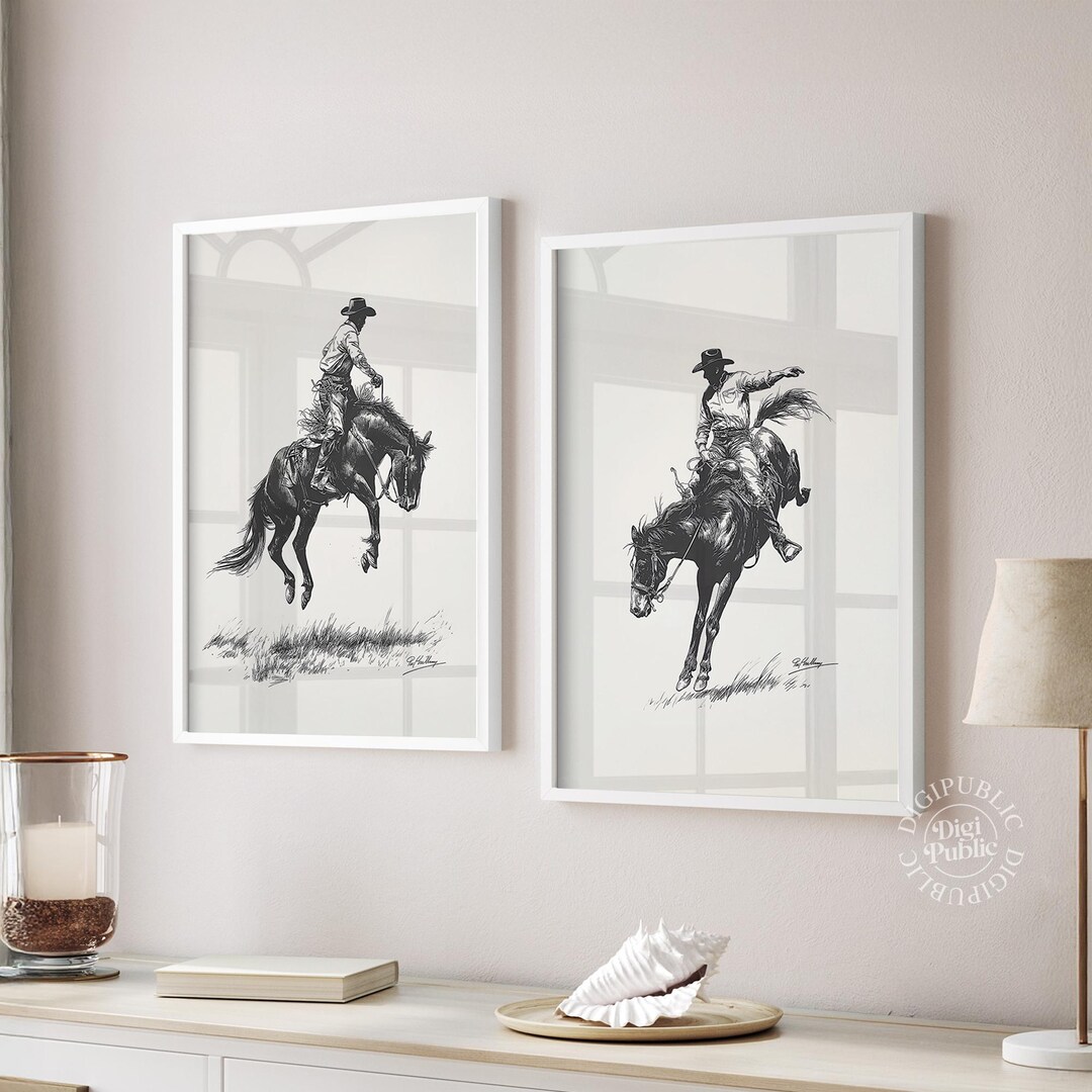 Western Cowboy Sketch Set | Vintage Wall Art, Mid Century Decor, Cowboy ...