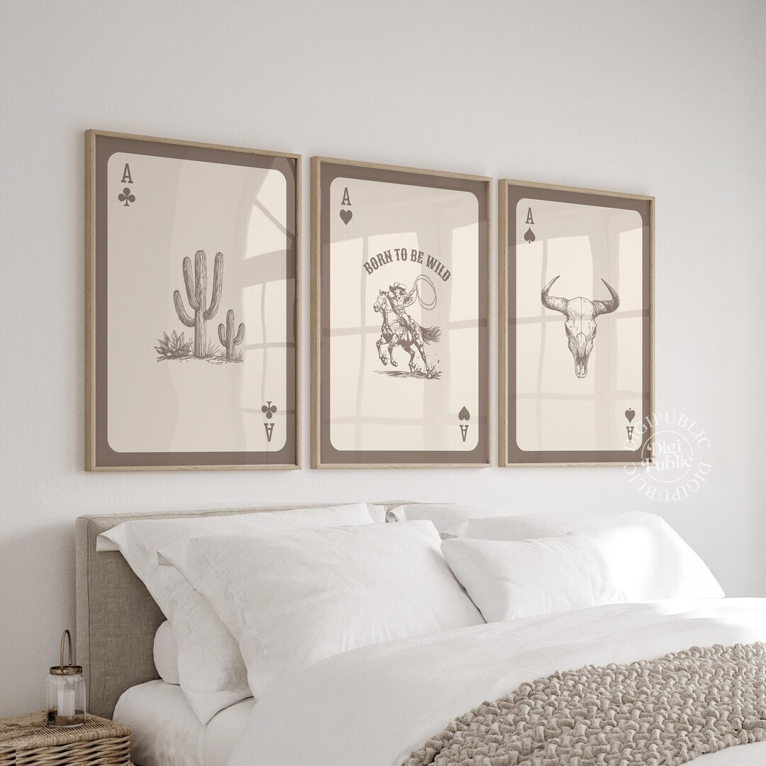 Western Playing Card Wall Art Set | Rustic Ace Cowboy Prints, Neutral ...