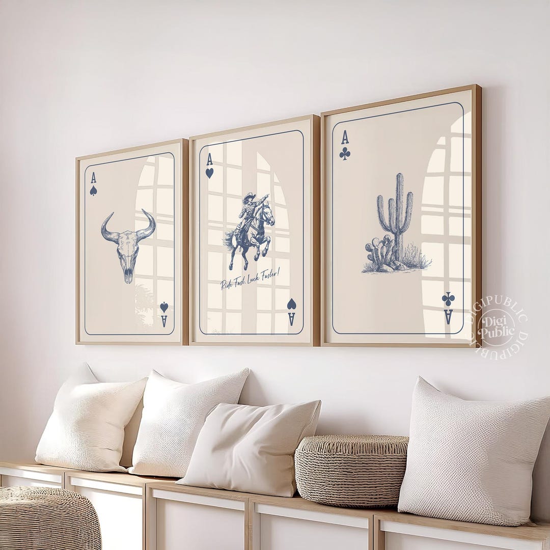Western Playing Card Art Prints: Cowboy, Cactus, Bull Skull (digital ...