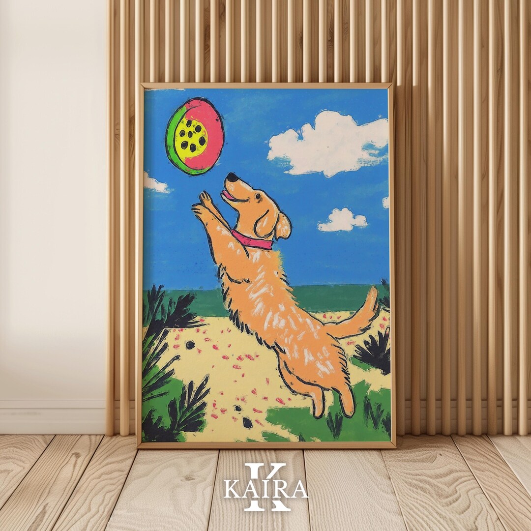 Playful Dog Beach Poster, Whimsical Pet Art Print, Vibrant Outdoor Wall ...