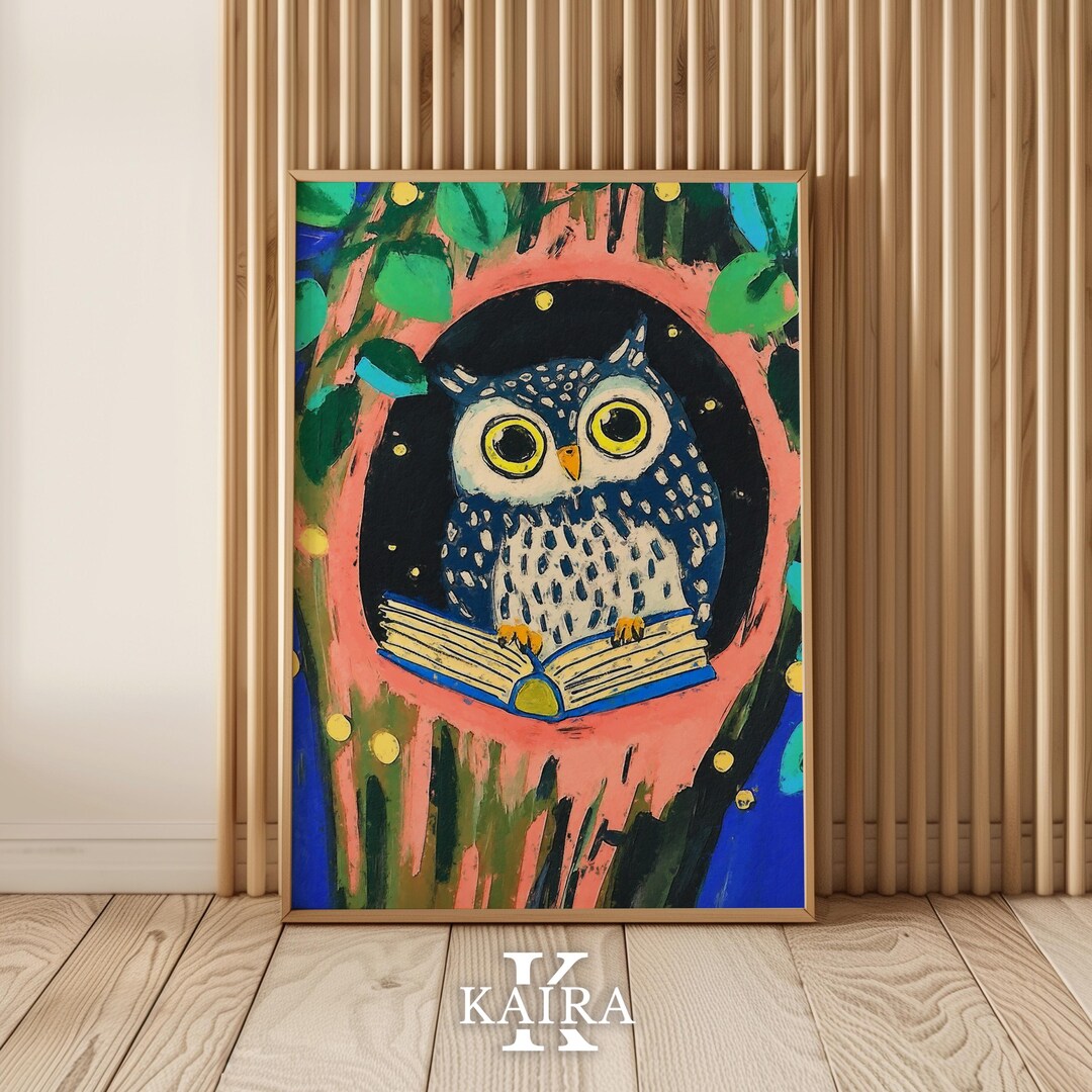 Wise Owl Reading Book Art Print, Whimsical Owl Illustration, Forest ...
