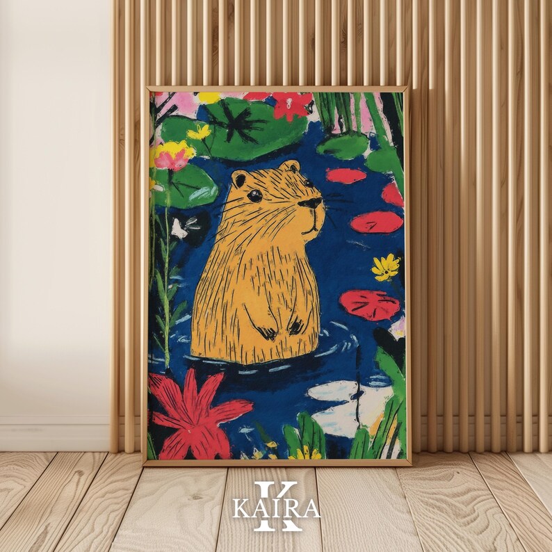 Whimsical Capybara Poster, Cute Animal Wall Art, Colorful Pond Scene ...
