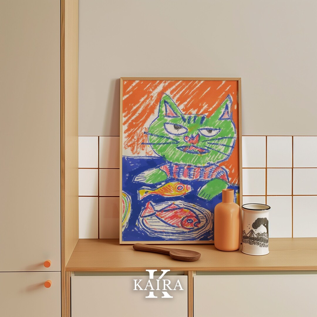 Displeased Cat With Fish Art Print - Funny Digital Wall Art for ...