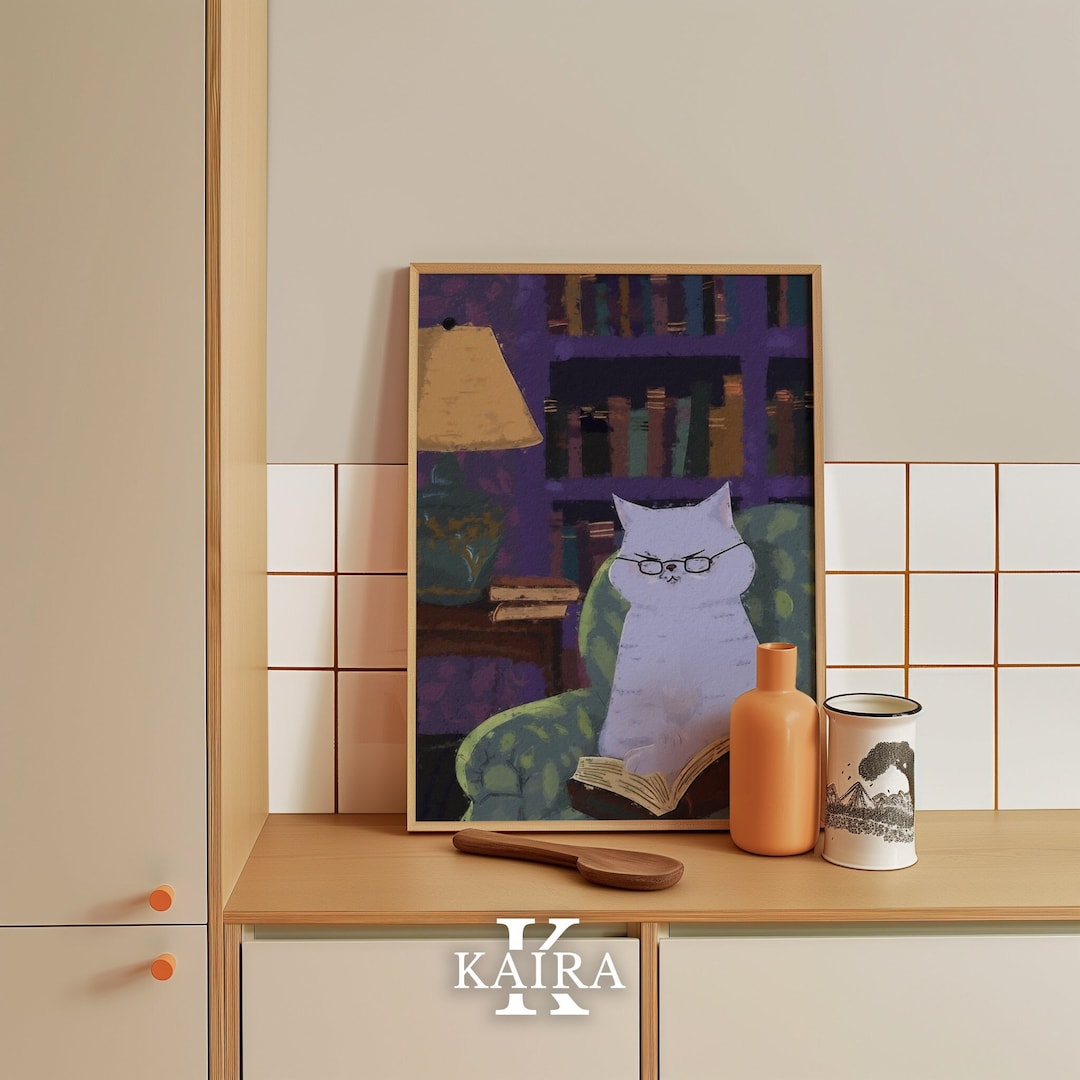Bookworm Cat Art Print - Whimsical Reading Cat Illustration for Home ...