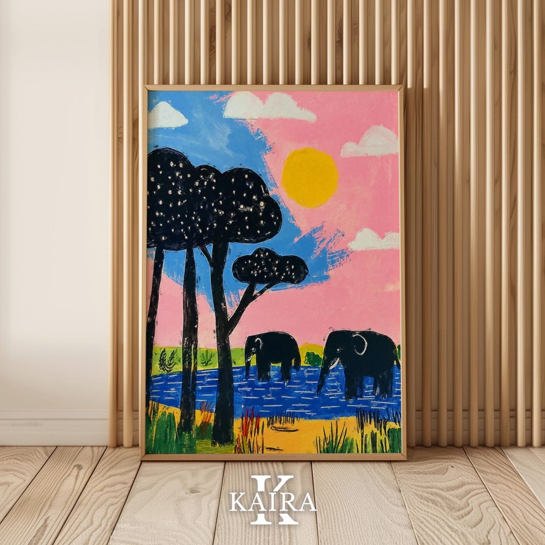 Elephant Safari Sunset Poster, Vibrant Wildlife Art, Colorful African ...