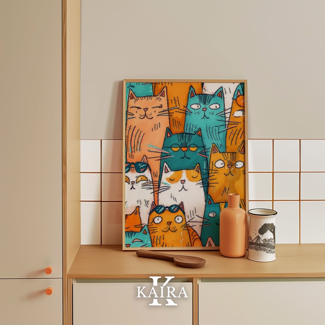 Colorful Cartoon Cats Wall Art – Printable Cat Poster With Orange and ...