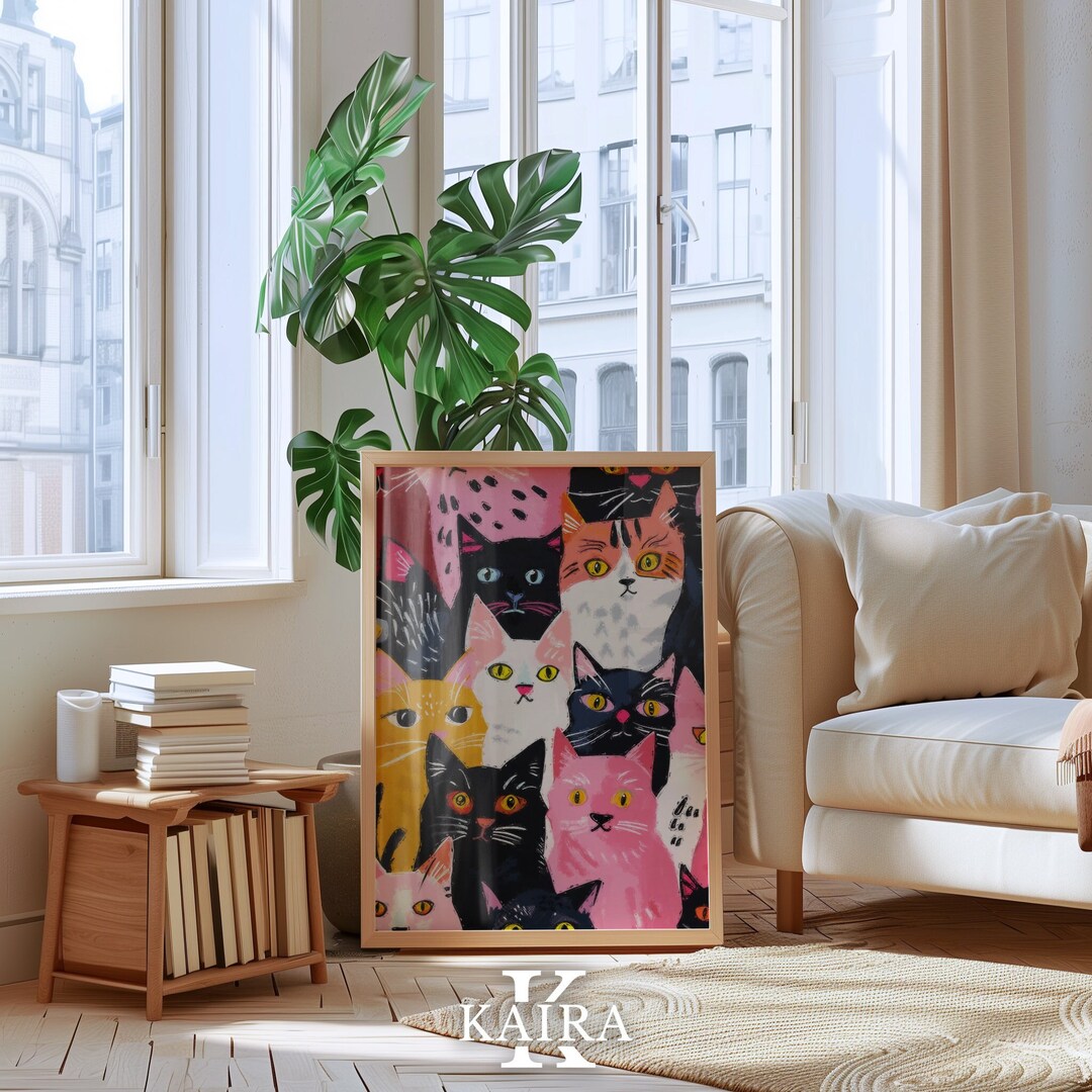 Colorful Cat Faces Art Print - Whimsical and Fun Wall Decor for Cat ...