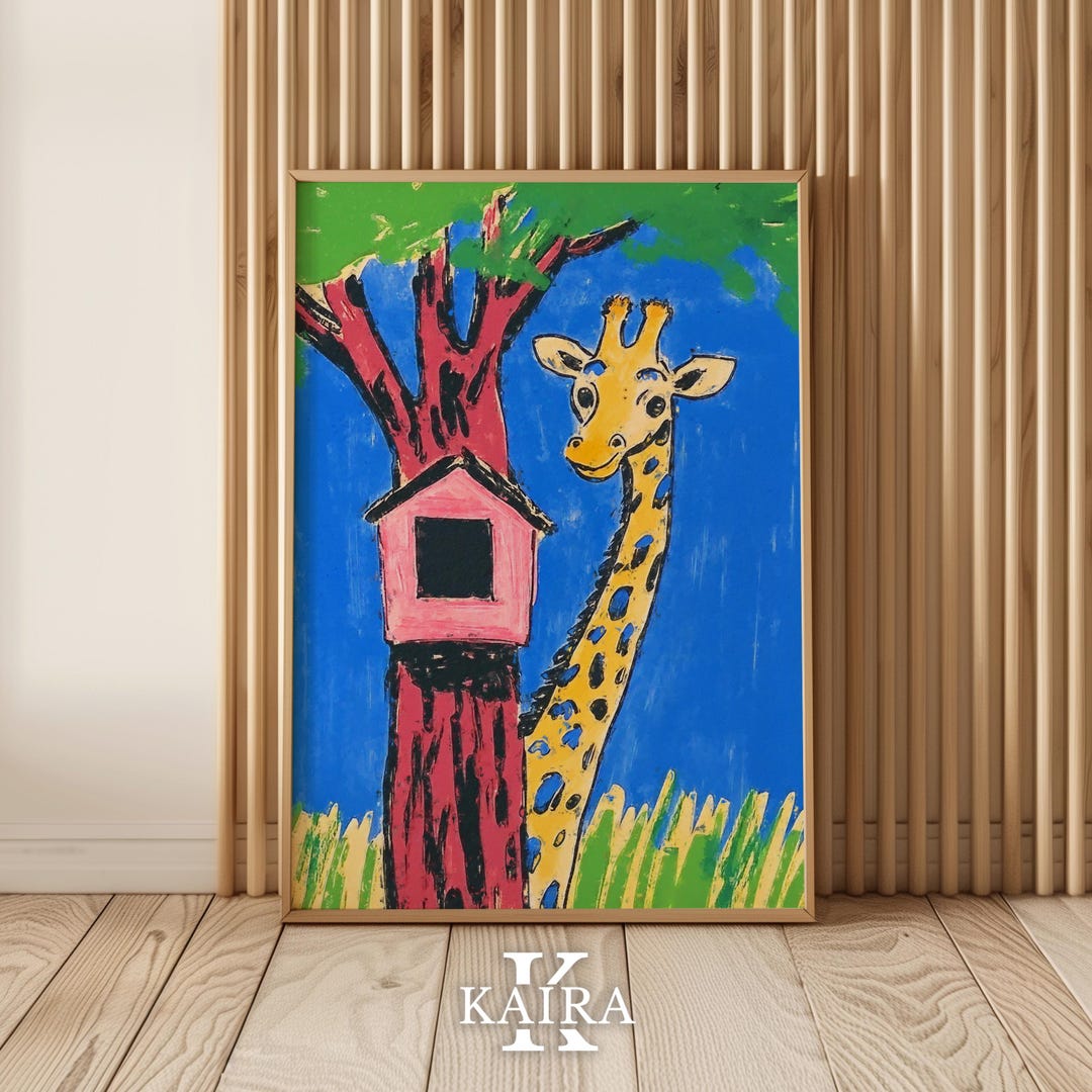 Giraffe and Birdhouse Wall Art, Whimsical Animal Illustration, Colorful ...