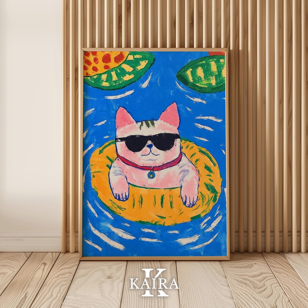 Cool Cat Pool Float Print – Fun Summer Cat Art, Quirky Beach Decor ...