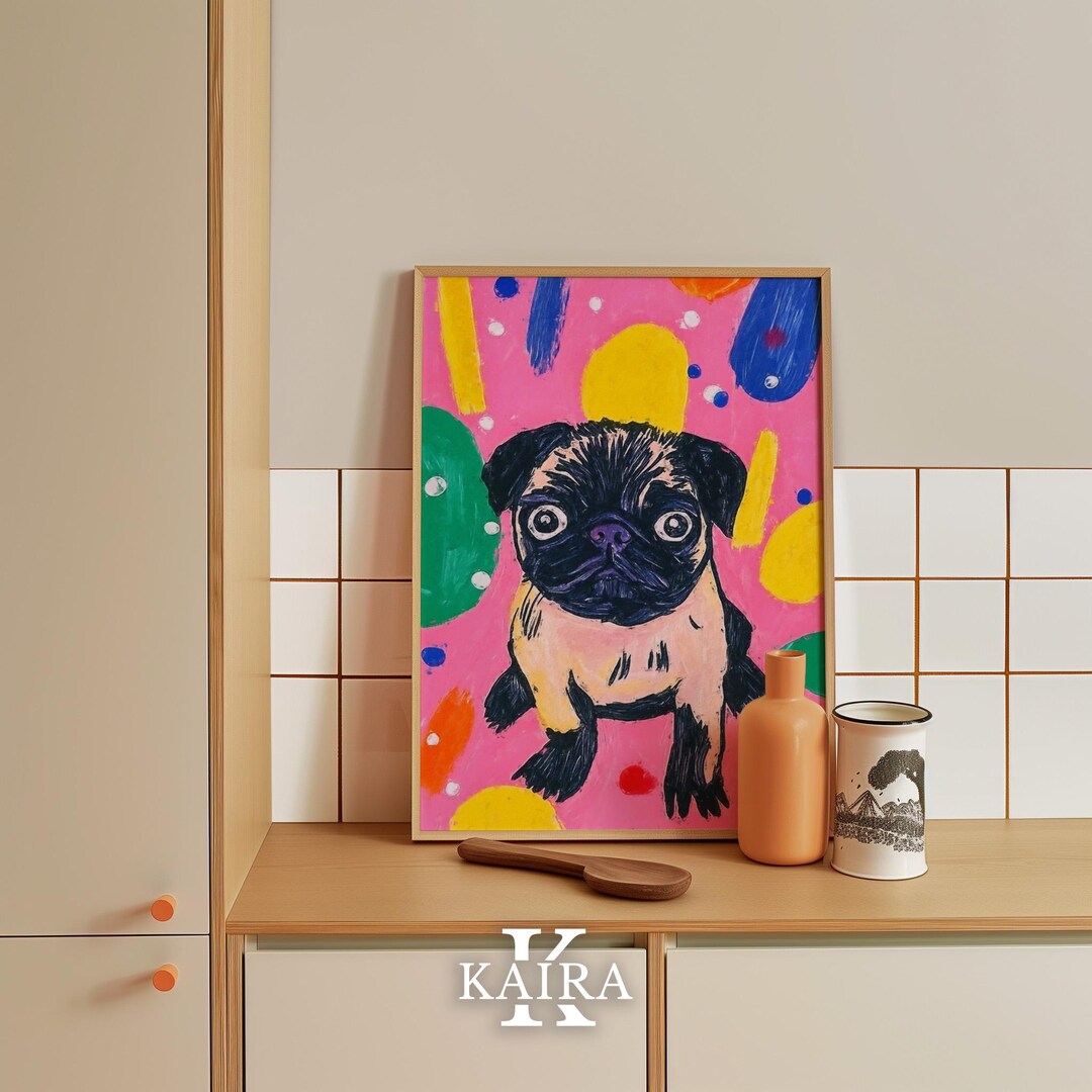 Bright Pug Dog Art Print, Playful Pug Wall Decor, Colorful Dog ...