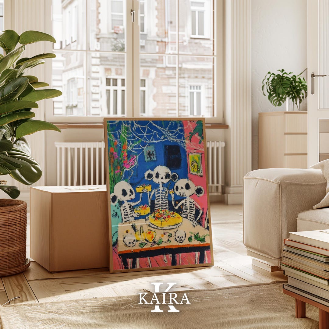 Quirky Skeleton Family Dinner Art Print, Colorful Day of the Dead ...