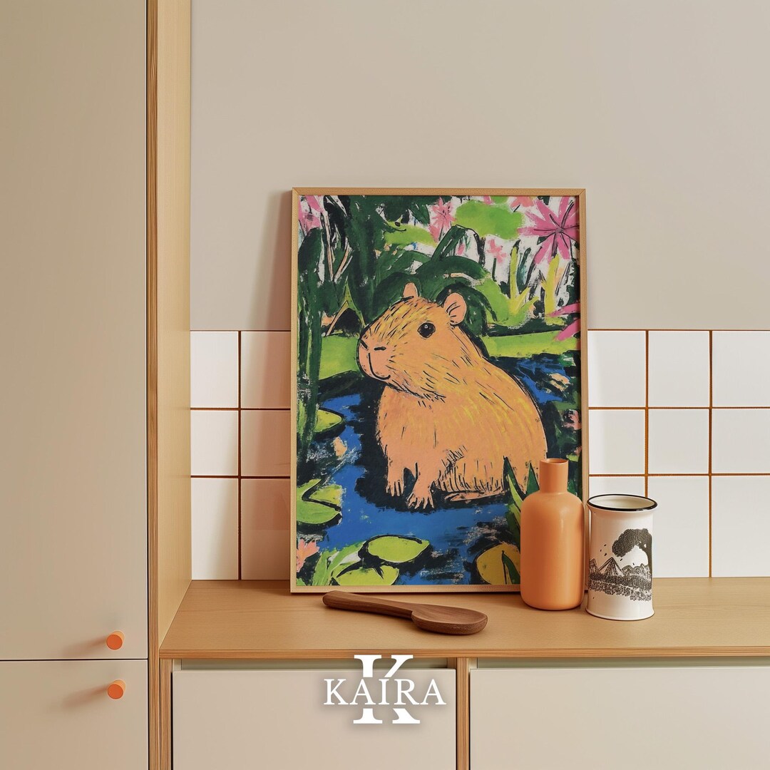 Whimsical Capybara Poster, Cute Animal Wall Art, Colorful Jungle Pond ...