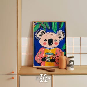Cute Koala With Tea Art Print, Cozy Animal Wall Art, Whimsical Koala ...